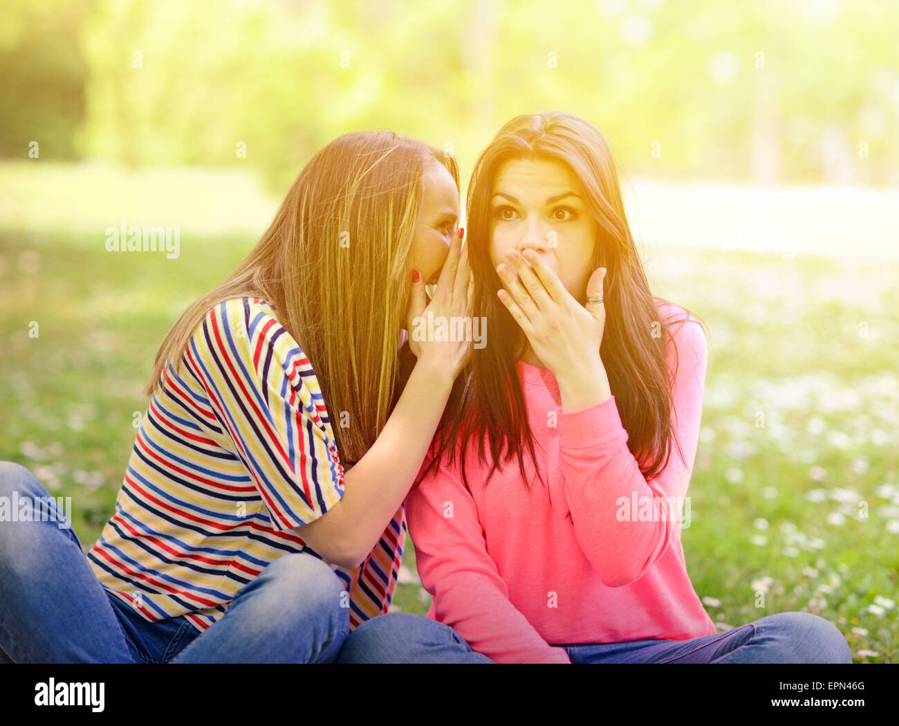 Two girl friends whispering secrets at park Stock Photo - Alamy