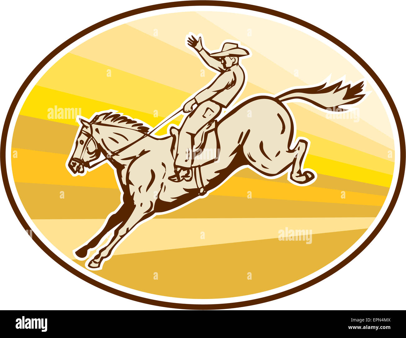 Illustration of rodeo cowboy riding horse jumping viewed from the side ...