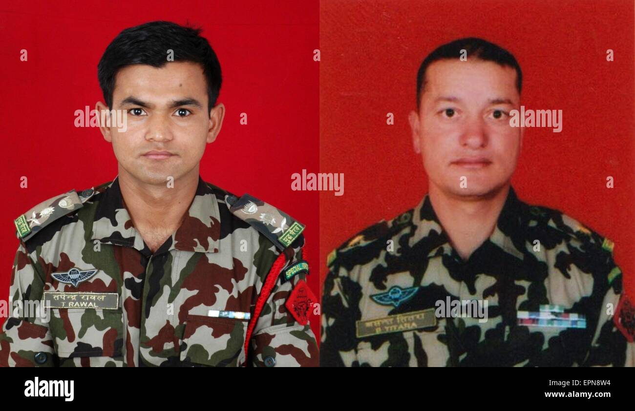 Kathmandu. 20th May, 2015. Photo shows Nepal Army soldiers Tapendra Rawal (L) and Basanta Titara ...