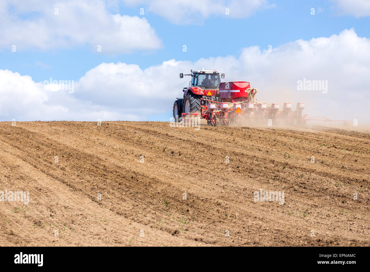 The tractor harrowing the large brown field in spring season Stock ...