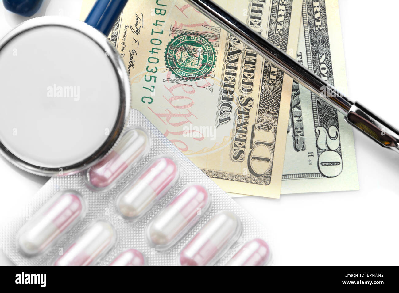 Medications on the table for treating patients on the white background ...