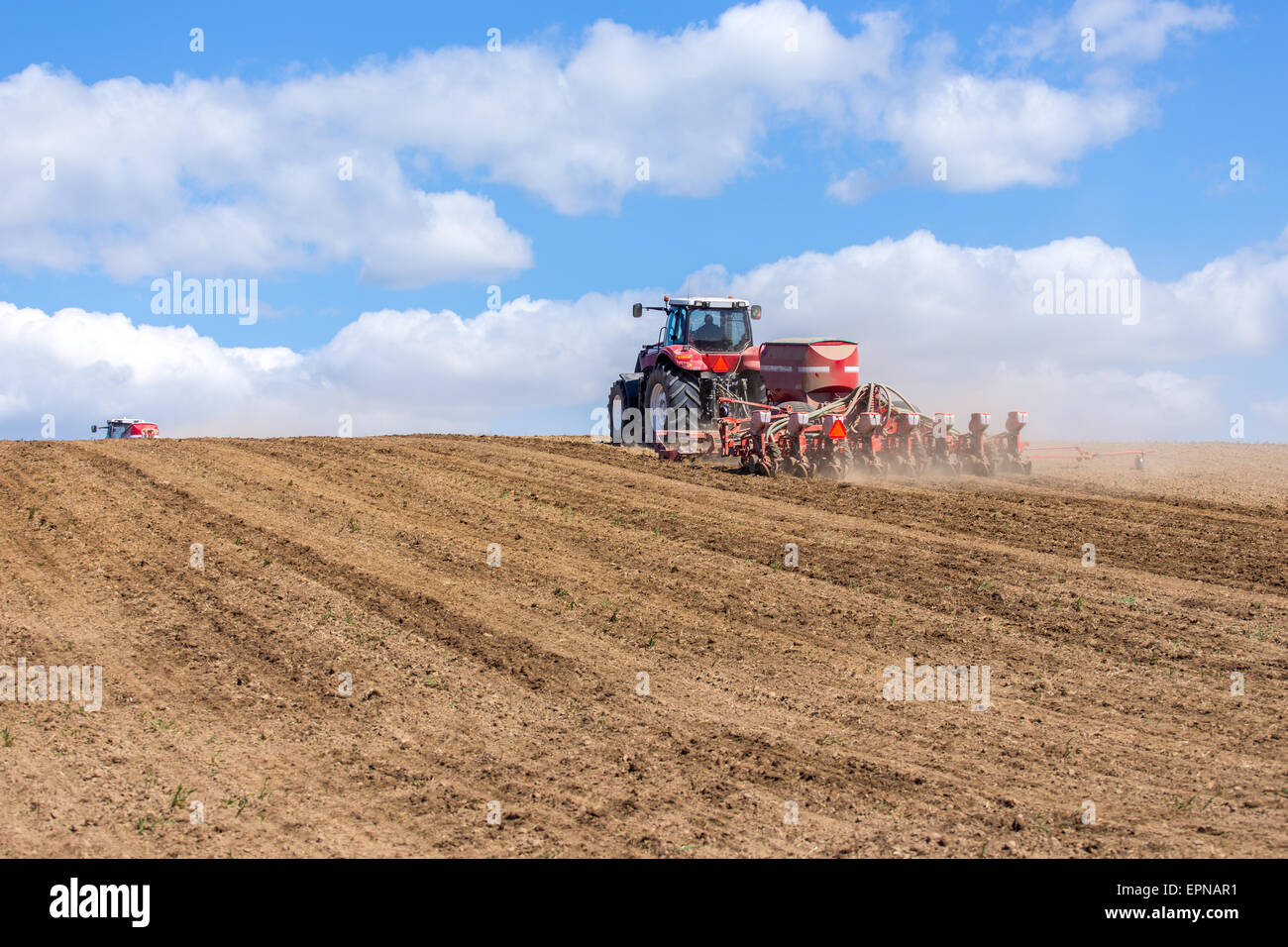 The tractor harrowing the large brown field in spring season Stock ...