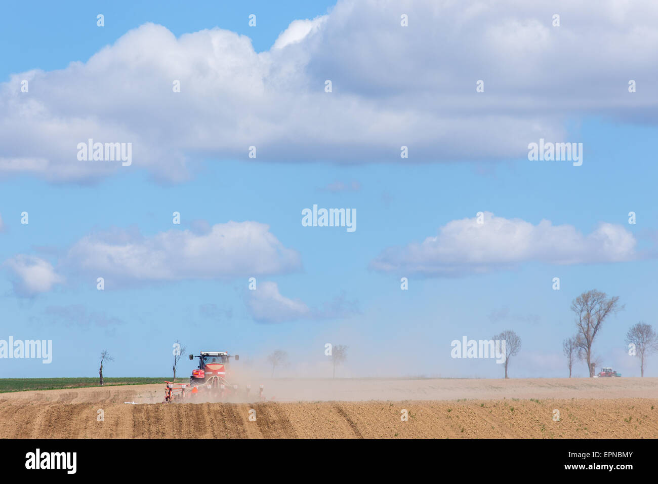 The tractor harrowing the large brown field in spring season Stock ...