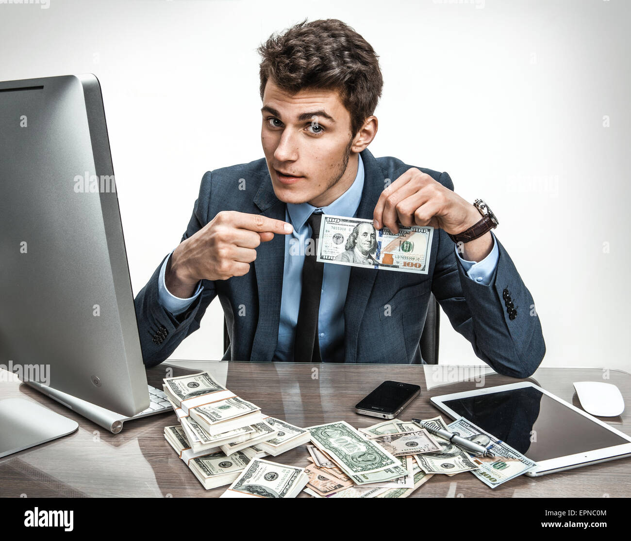 Entrepreneur showing his motivation earnings, profit, income, earnings ...