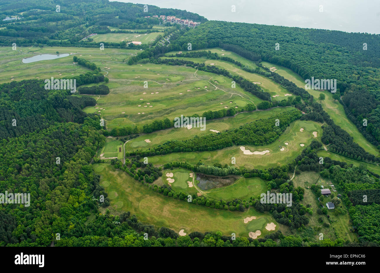 An aerial view shows the Faldo Course golf course at the A-ROSA Resort ...