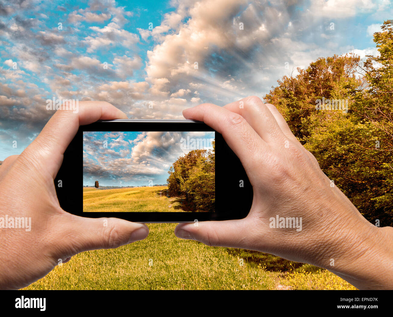Man and woman hand capturing Tuscany spring landscape with smartphone ...