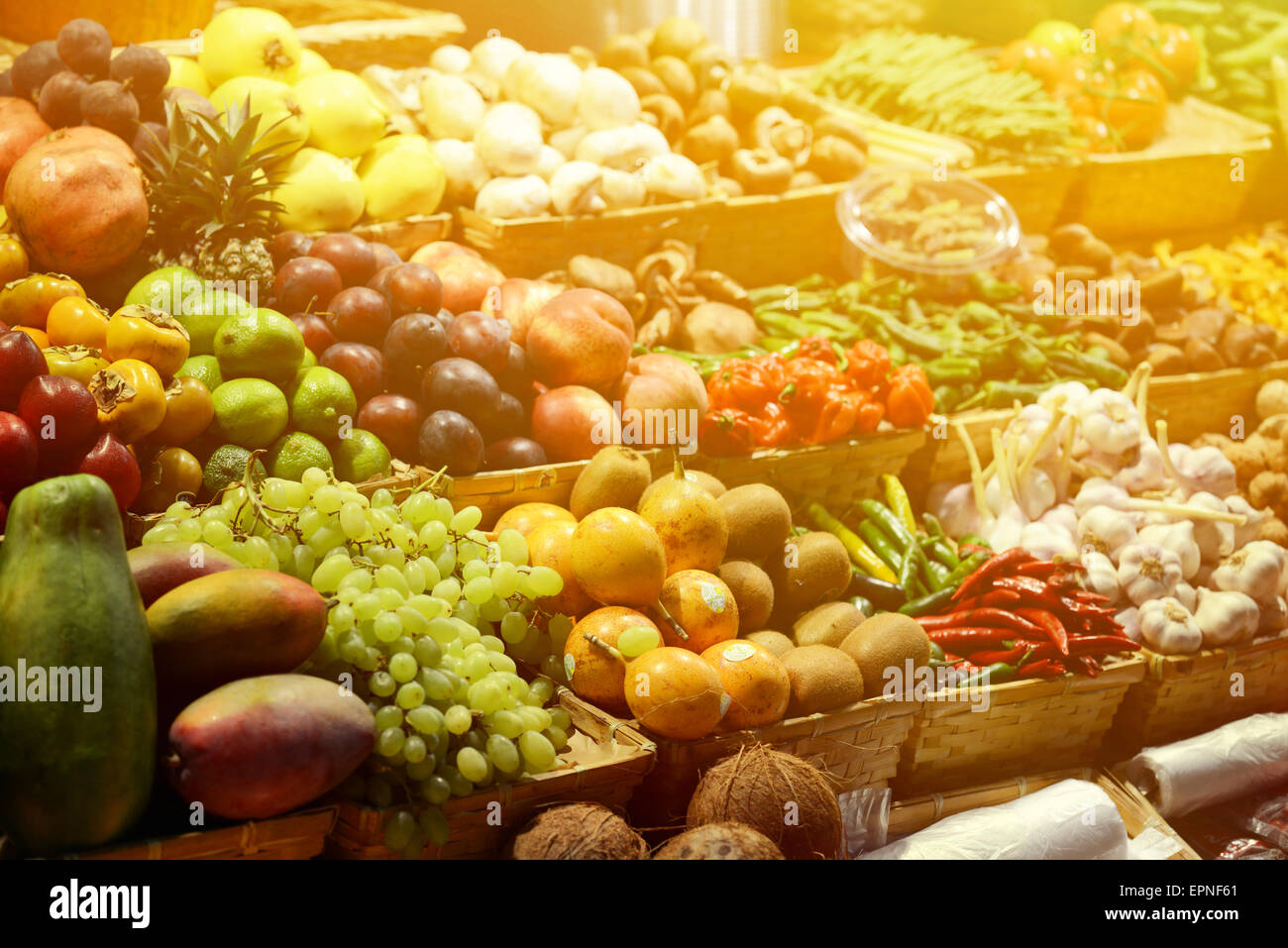 Fruit market with various colorful fresh fruits and vegetables - Market ...