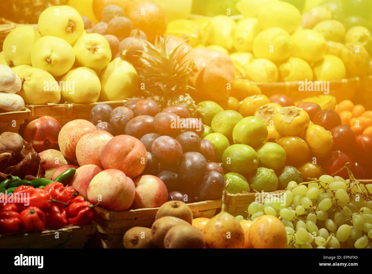 Fruit market with various colorful fresh fruits and vegetables - Market ...