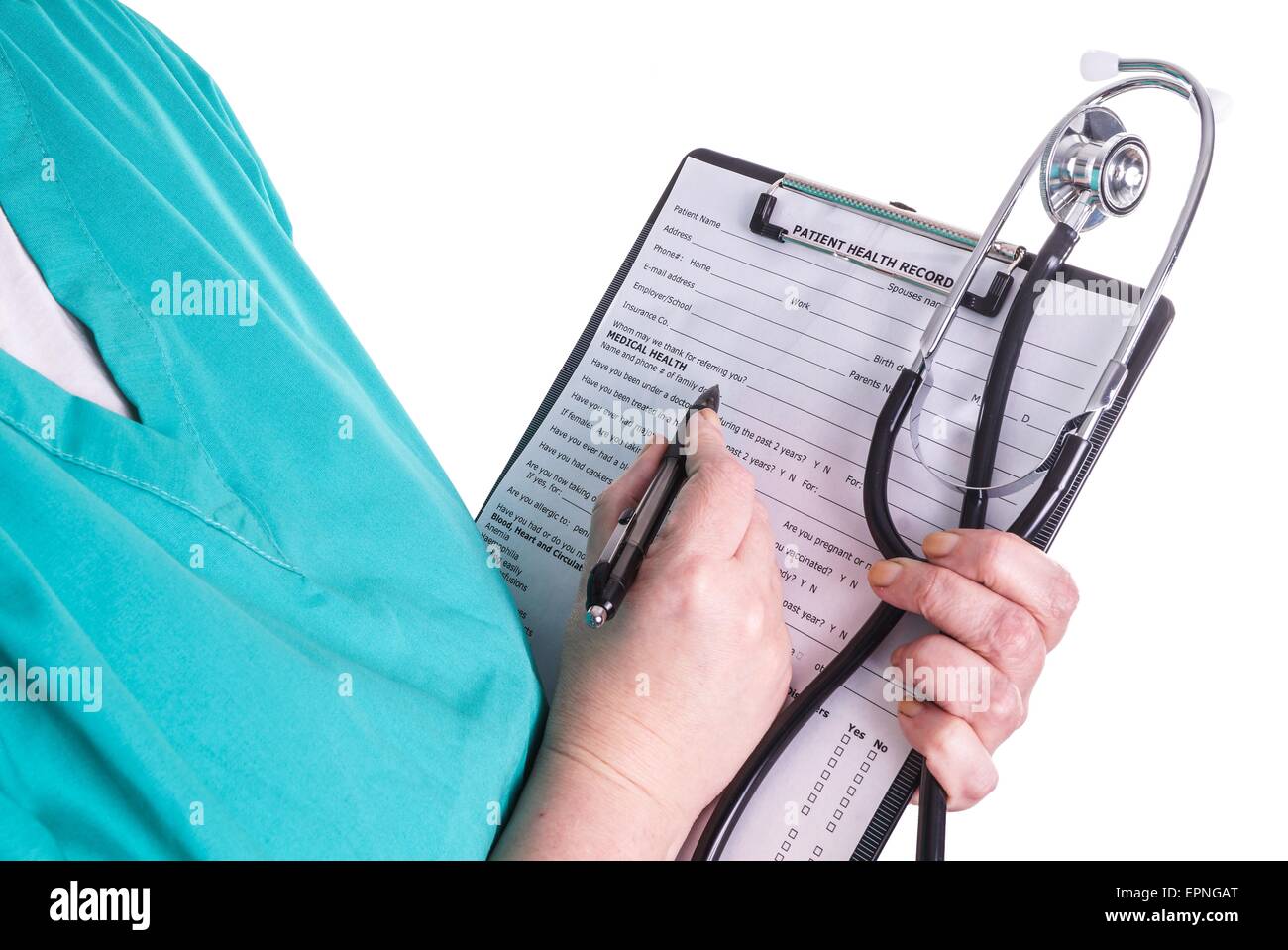 Female doctor fills patient registration prior to admission and ...