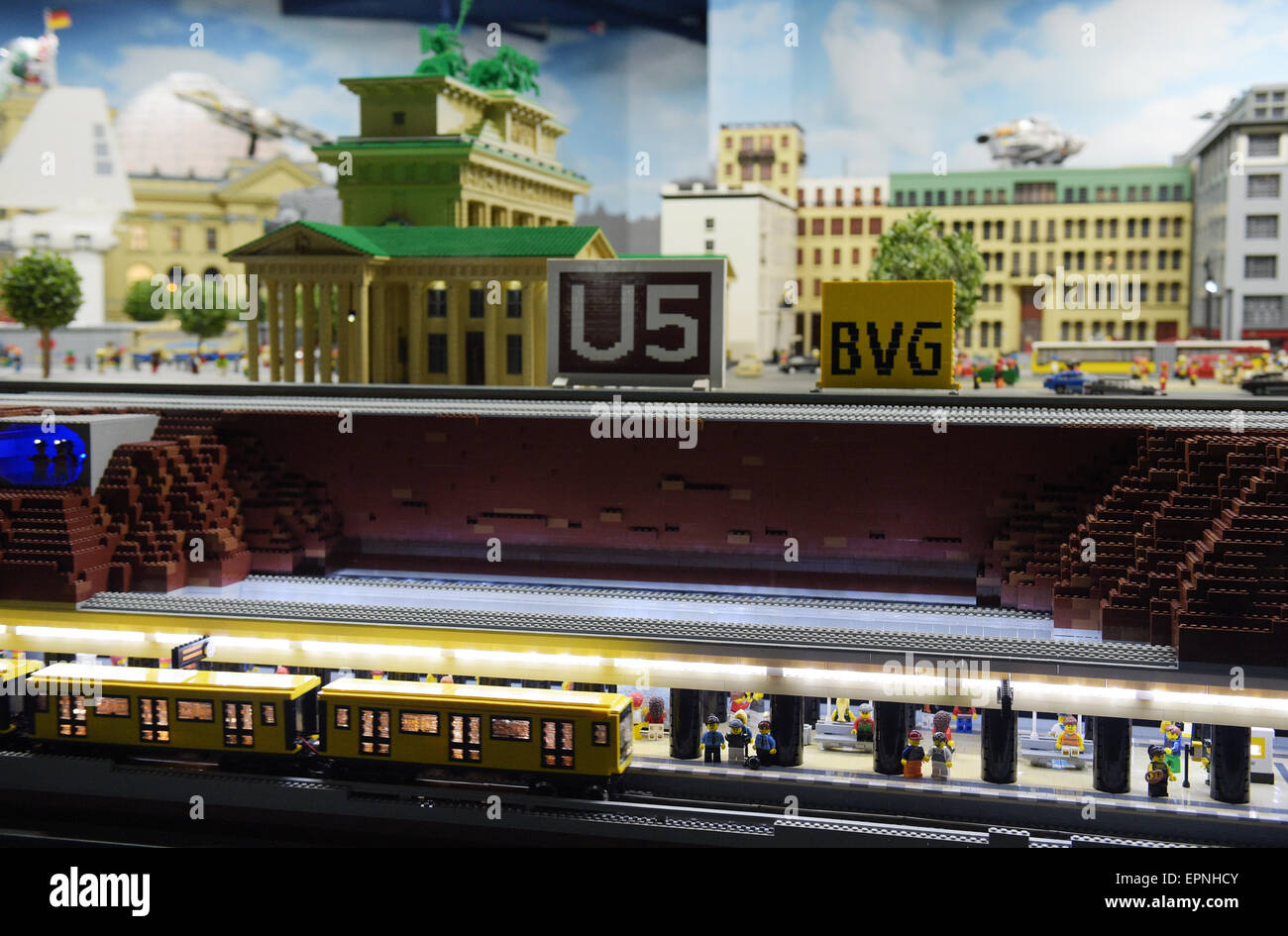 Berlin, Germany. 20th May, 2015. A subway made of Lego blocks arrives ...