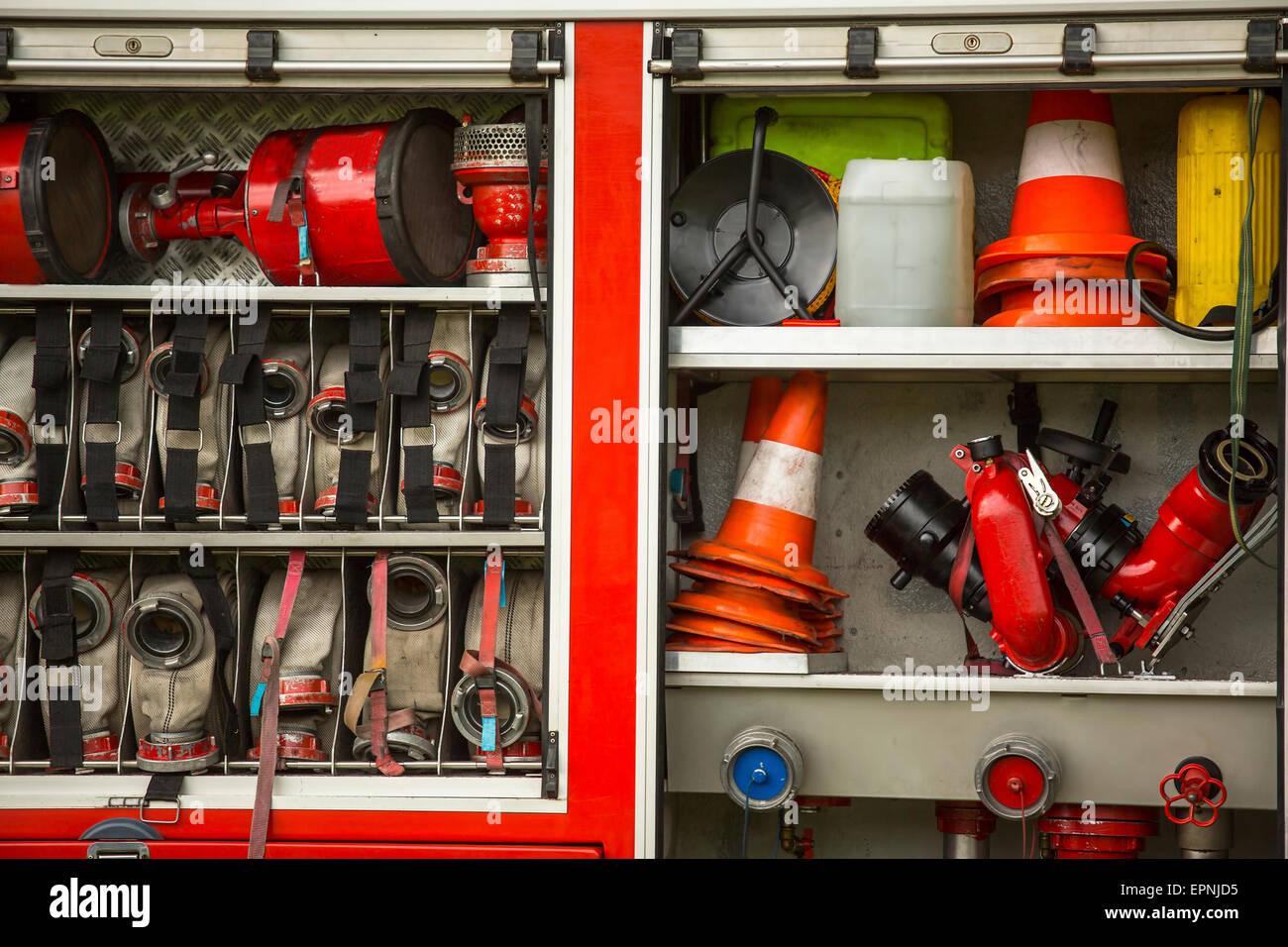 Fire and rescue Equipment in Fire Engine Stock Photo - Alamy