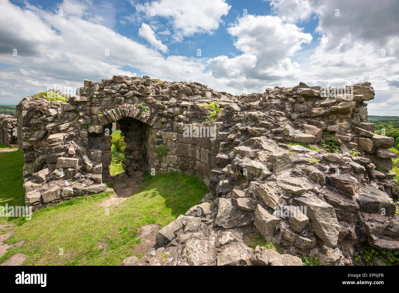 Thick stone walls at Beeston castle in Cheshire. A sunny spring day ...