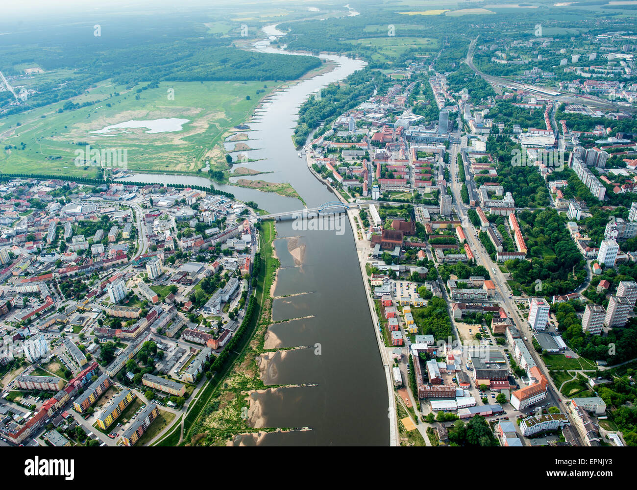An aerial picture looking south shows both border towns on the Oder ...