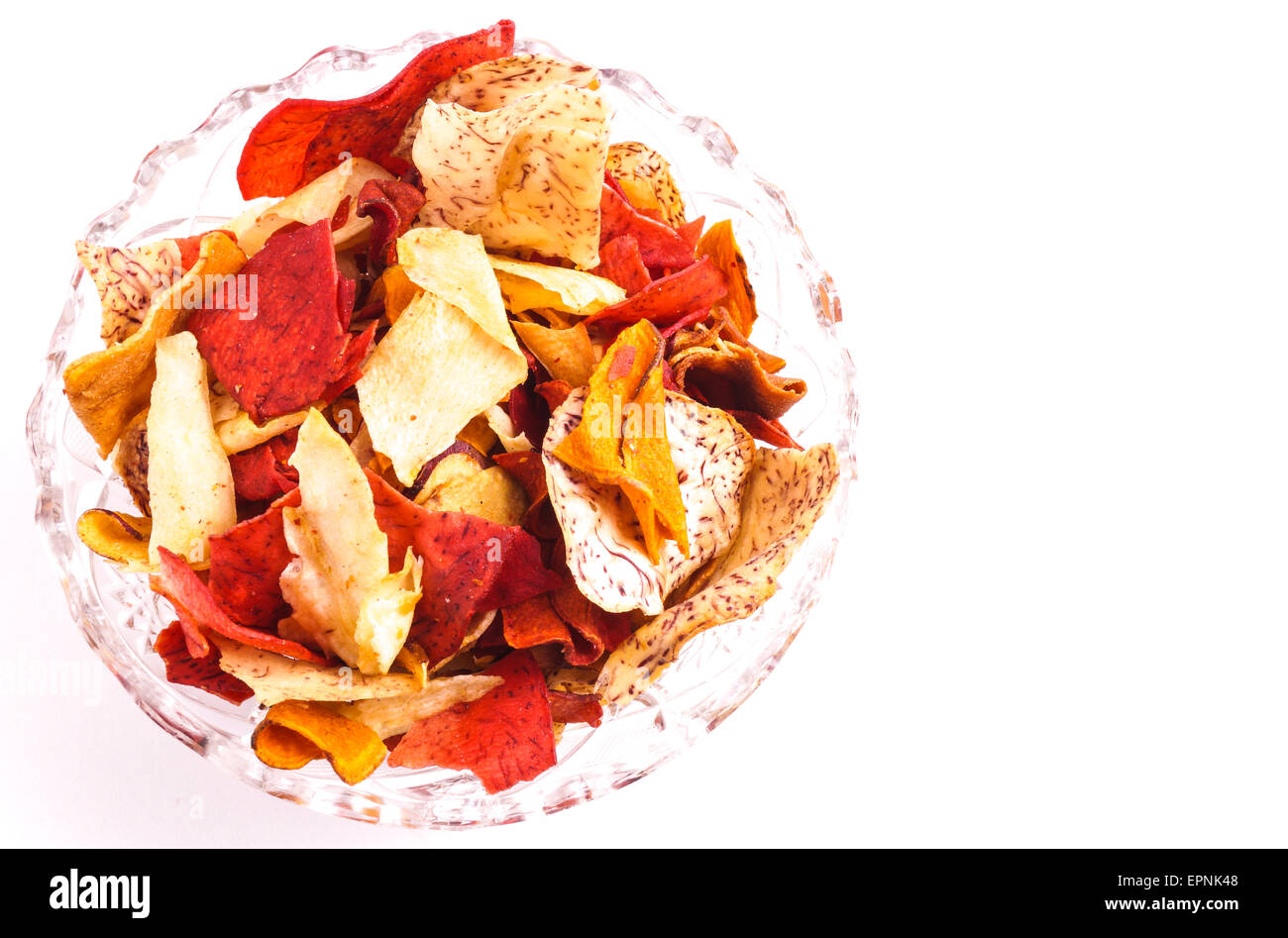 Crispy Colorful Root Vegetable chips, Isolated on white with copy space ...