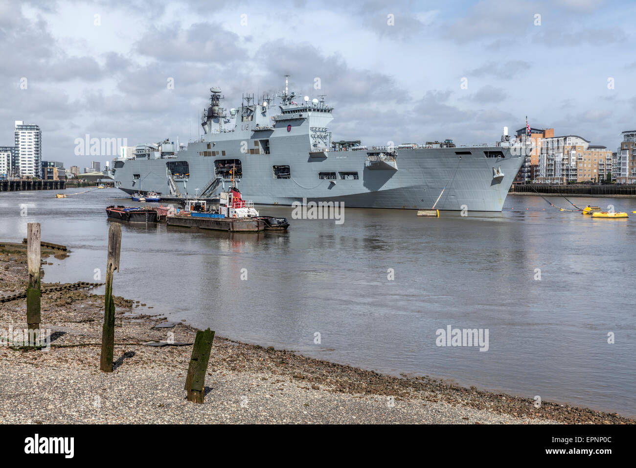 Royal Navy helicopter carrier ship HMS Ocean on the River Thames in ...