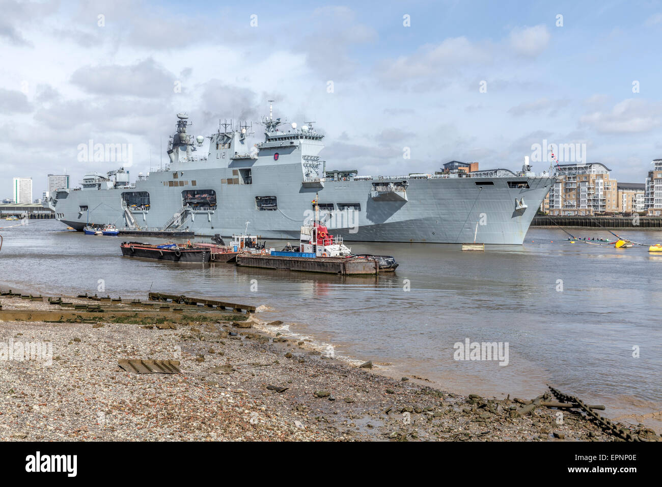 HMS Ocean Royal Navy helicopter carrier ship at Greenwich in London on ...