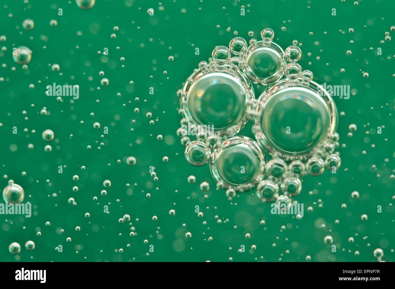 Macro Oxygen bubbles in water on a green background, concept such as ...