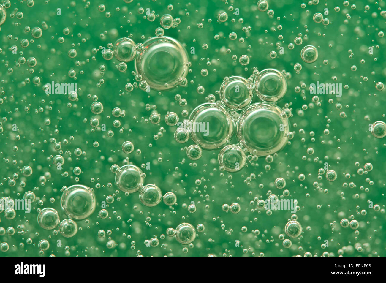 Macro Oxygen bubbles in water on a green background, concept such as ...