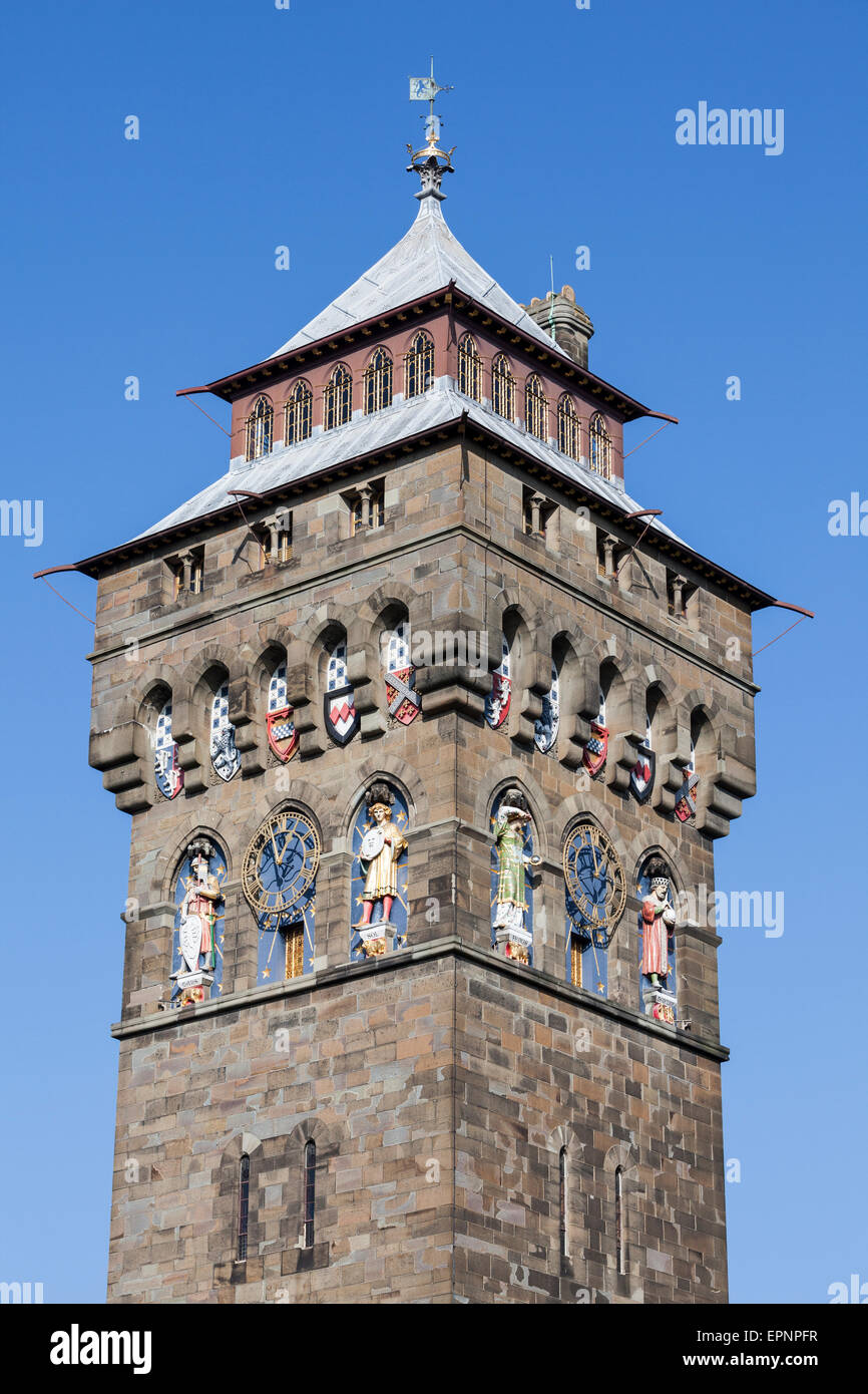 Clock tower of Cardiff Castle against a clear blue sky showing the ...