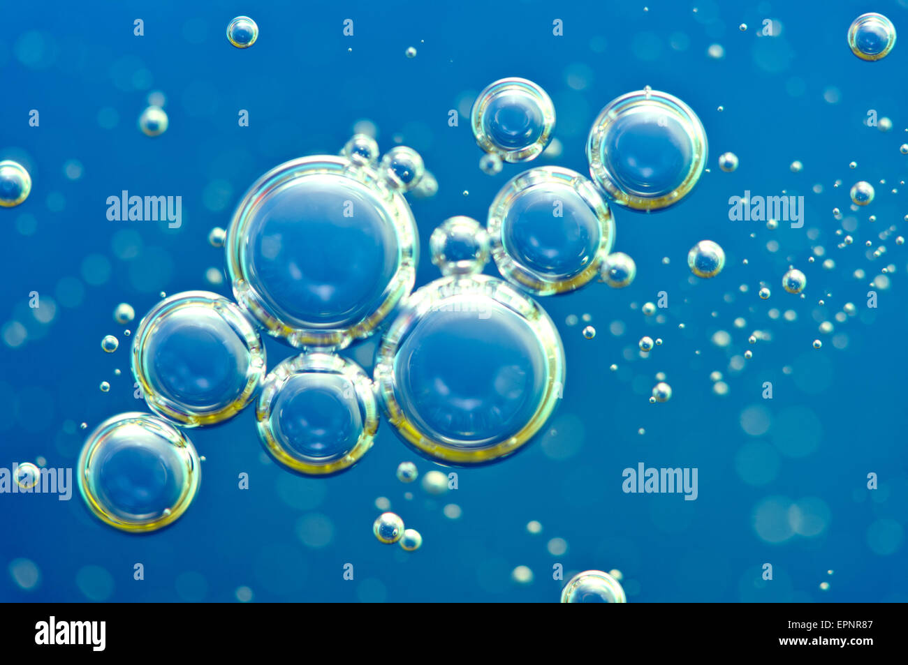 Macro Oxygen bubbles in water on a blue background, concept such as ...