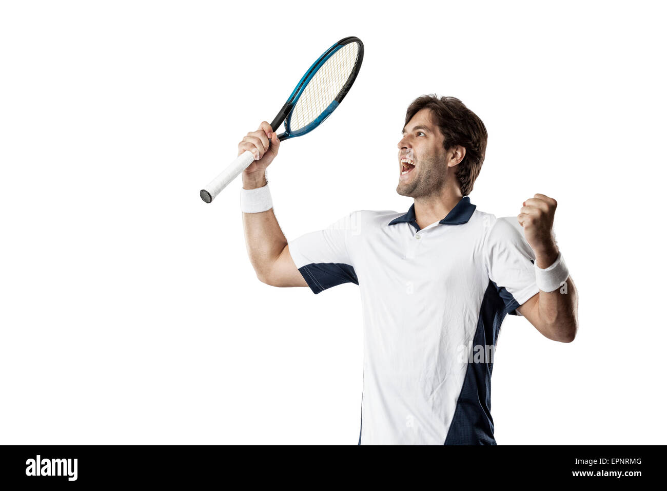 Tennis player celebrating, on a white background Stock Photo - Alamy