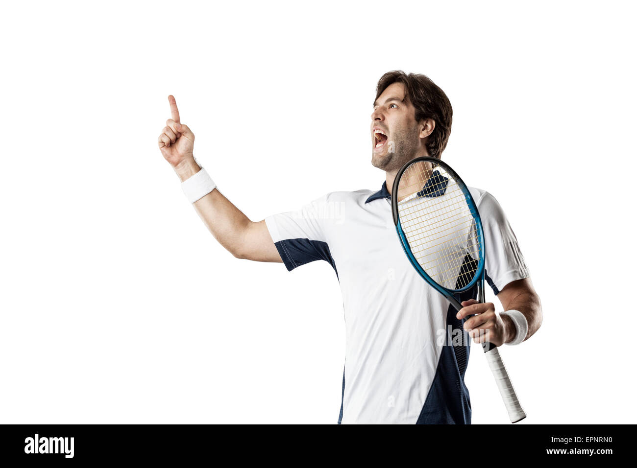 Tennis player celebrating, on a white background Stock Photo - Alamy