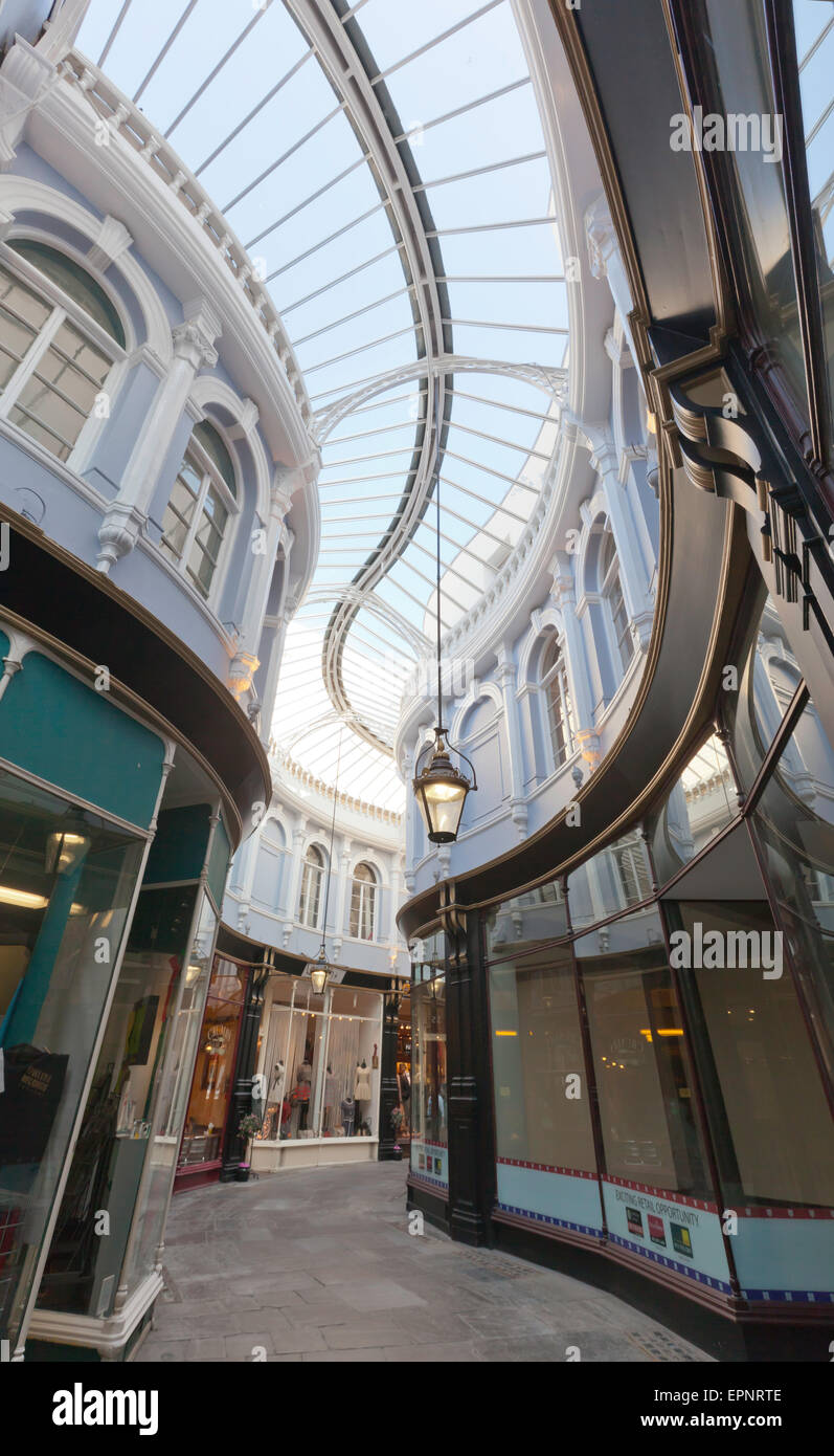 Inside Cardiff's Victorian Morgan's Arcade showing the curved form ...