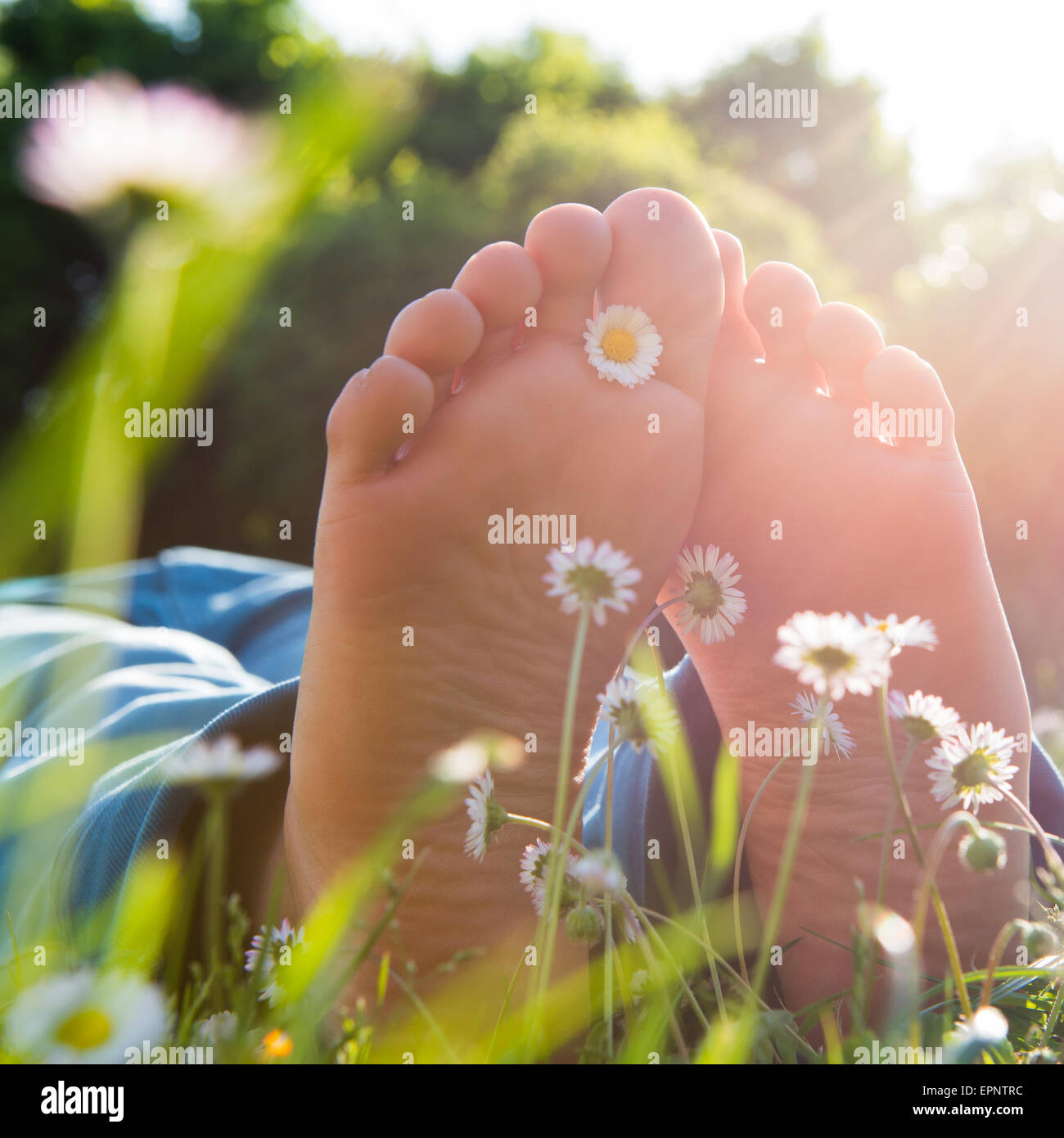 Children's feet in the grass and Daisy Stock Photo - Alamy