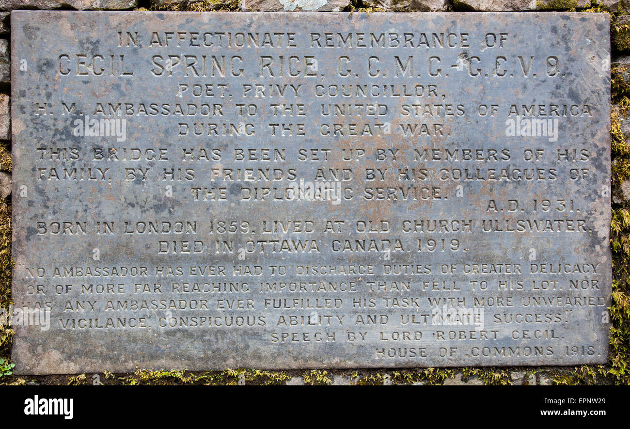 Plaque in remembrance of Cecil Spring Rice at Aira Force, near ...