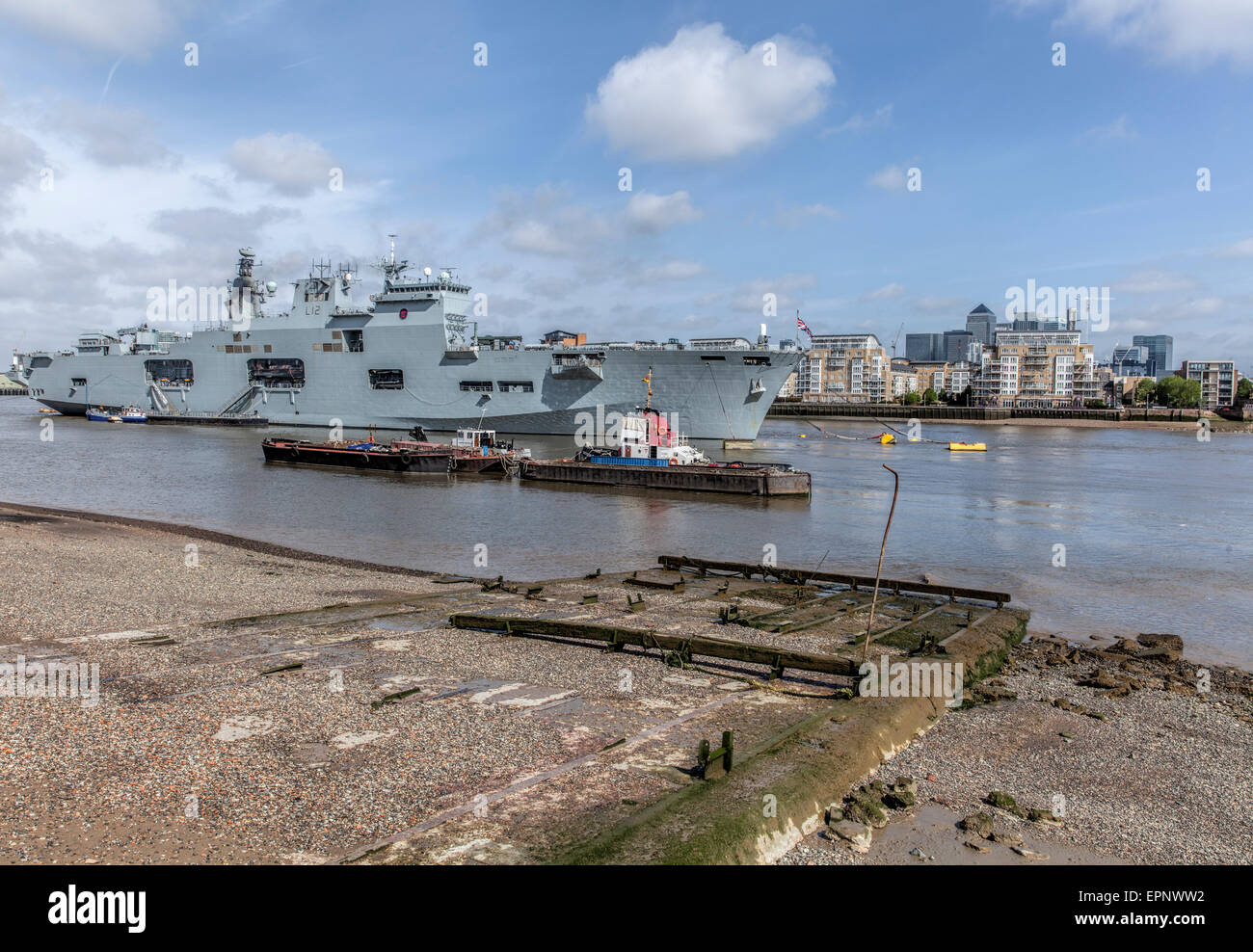 HMS Ocean helicopter carrier ship in the Royal Navy on the River Thames ...
