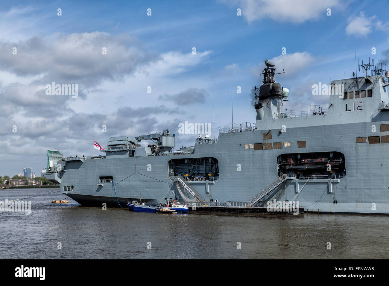 Part of the HMS Ocean Royal Navy ship in Greenwich London on the River ...