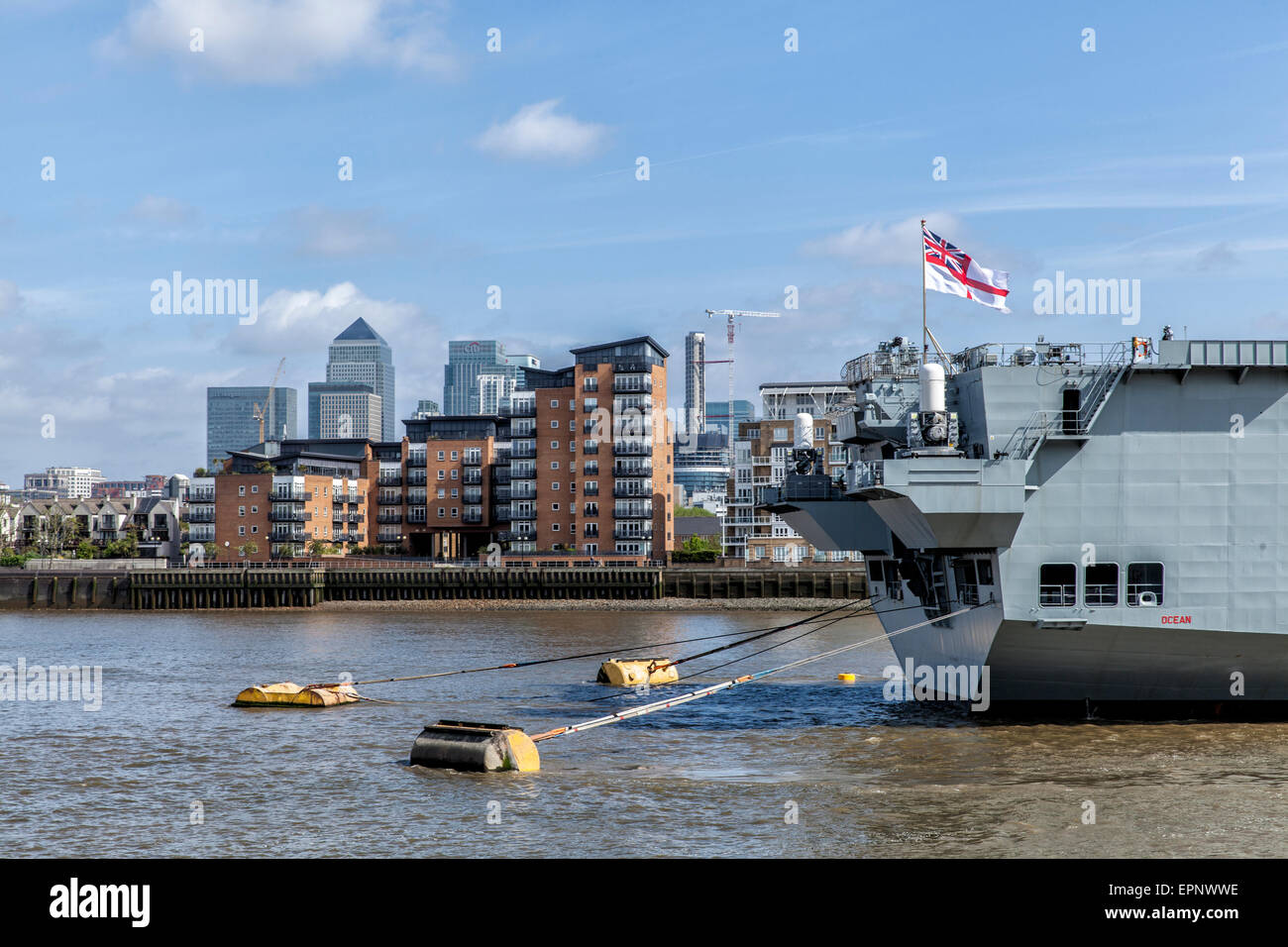 Part of the HMS Ocean Royal Navy ship in Greenwich London with Canary ...