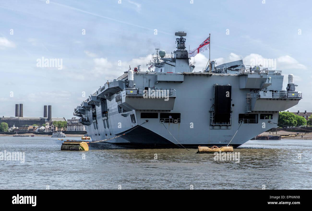 Rear of the Royal Navy ship the HMS Ocean on the River Thames in London ...
