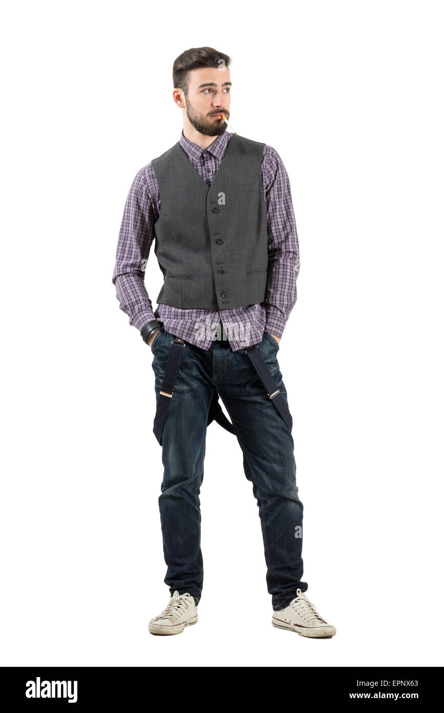 Cool funky young man with cigarette looking away. Full body length ...