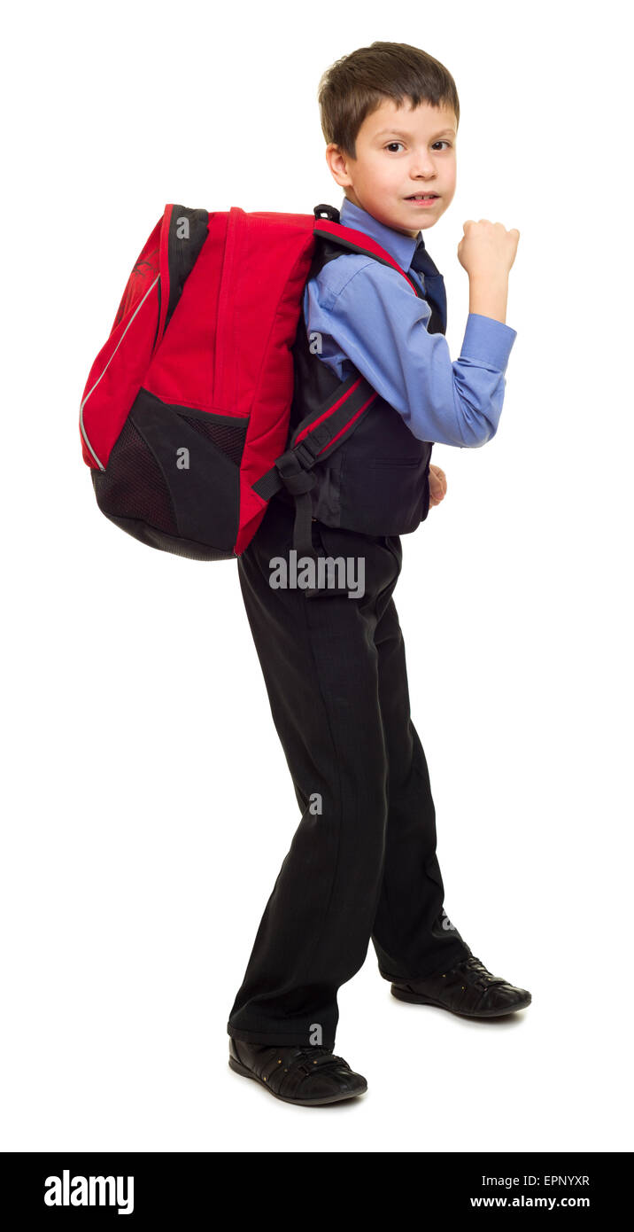 boy in suit with red backpack on white Stock Photo - Alamy