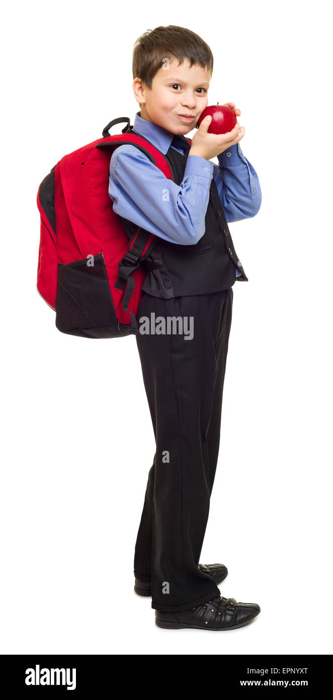 boy in suit with red backpack on white Stock Photo - Alamy
