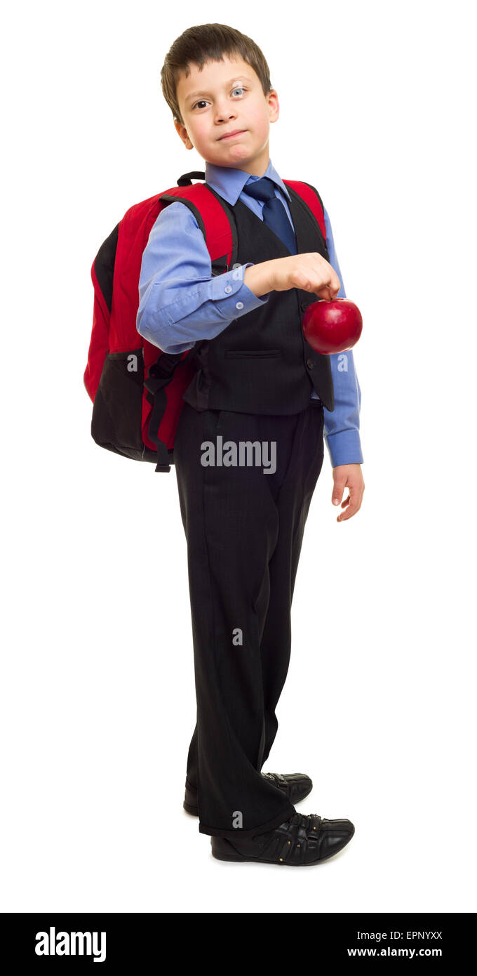 boy in suit with red backpack on white Stock Photo - Alamy