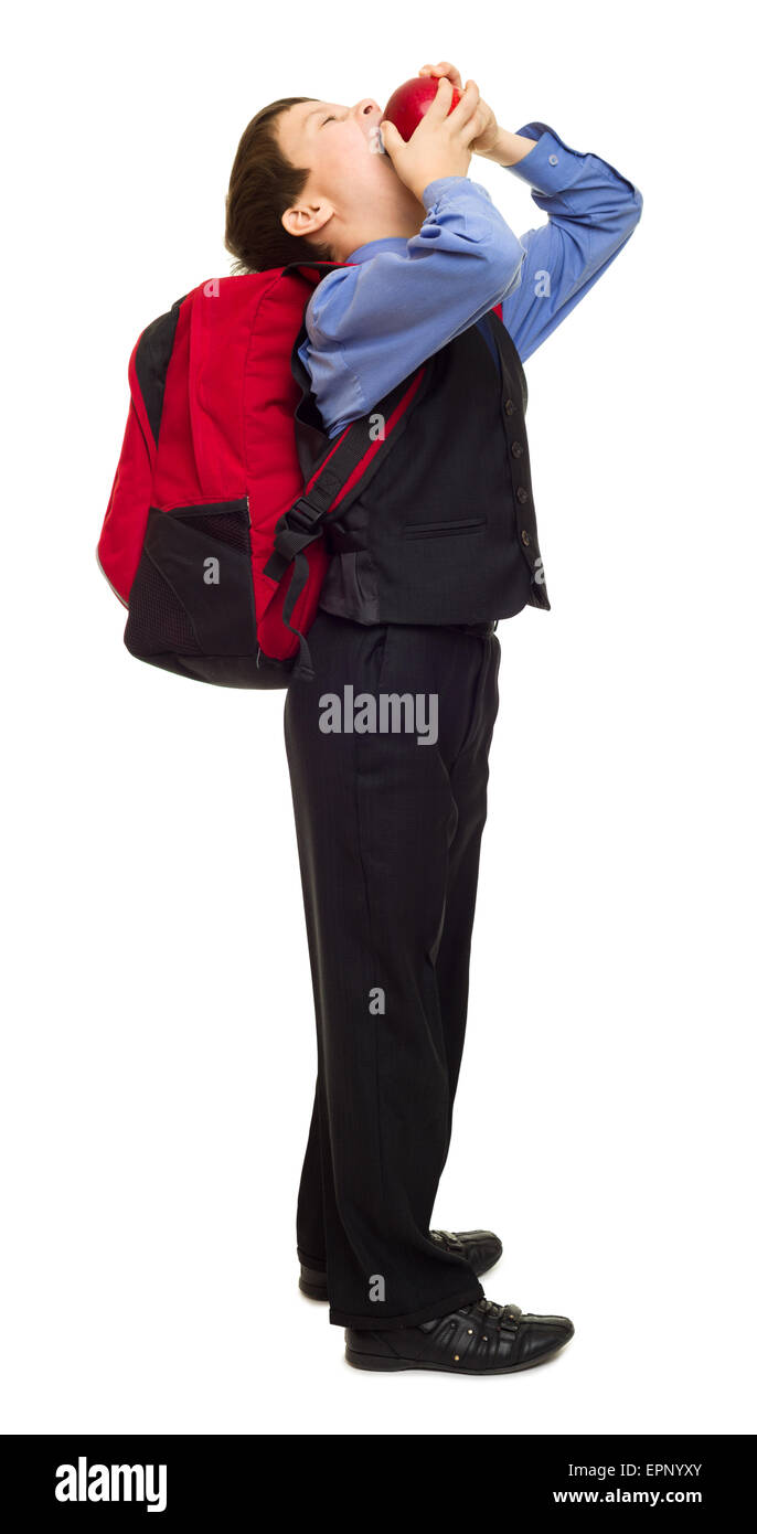 boy in suit with red backpack on white Stock Photo - Alamy