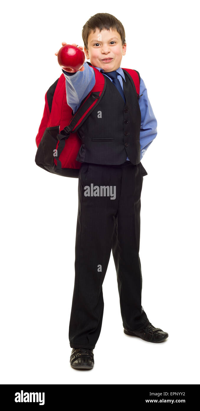 boy in suit with red backpack on white Stock Photo - Alamy