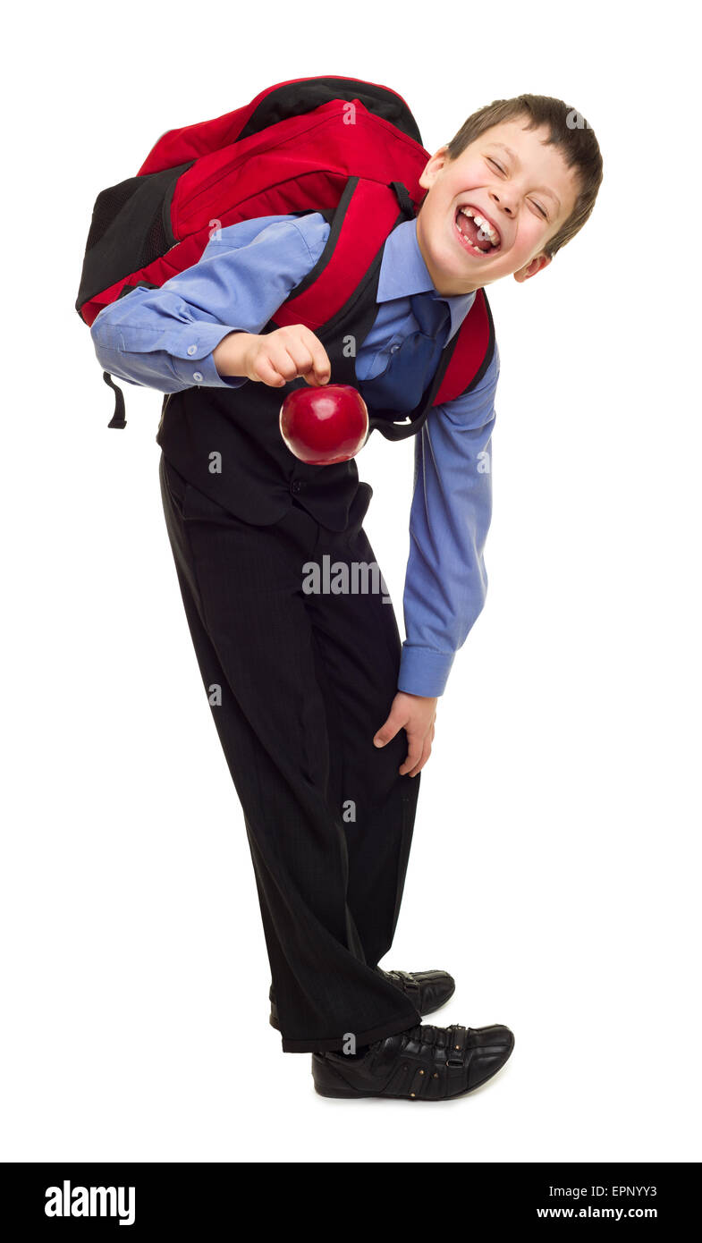 boy in suit with red backpack on white Stock Photo - Alamy