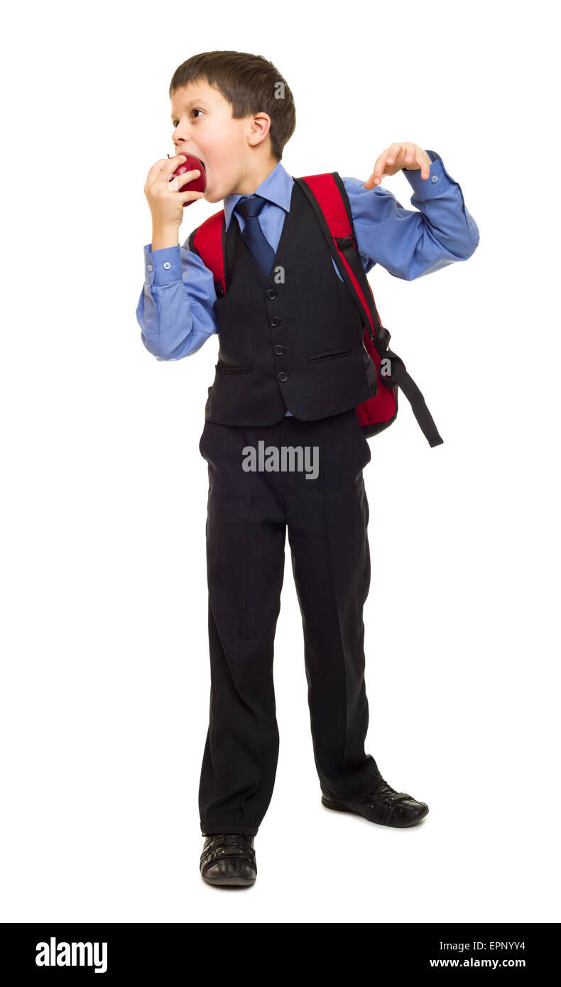 boy in suit with red backpack on white Stock Photo - Alamy