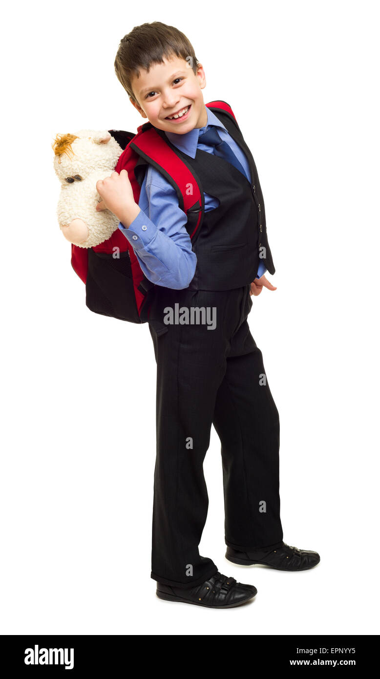 boy in suit with red backpack on white Stock Photo - Alamy