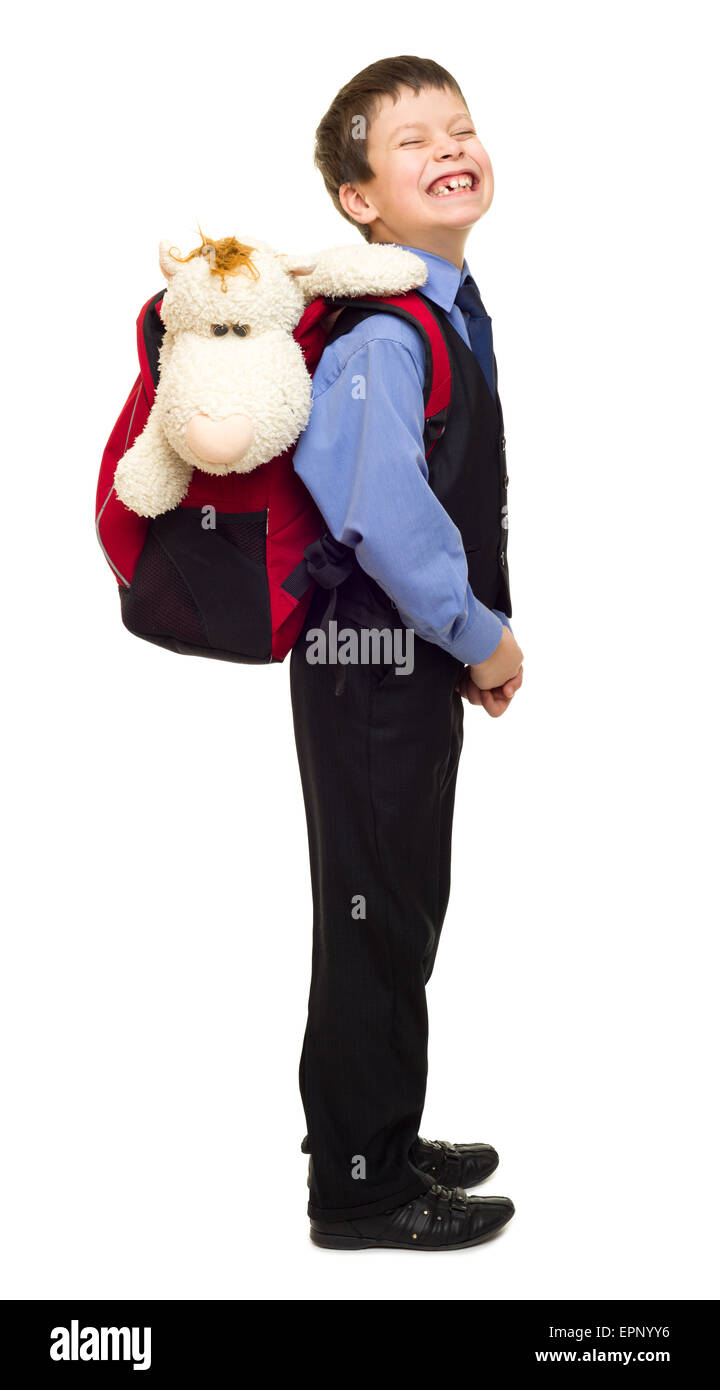 boy in suit with red backpack on white Stock Photo - Alamy