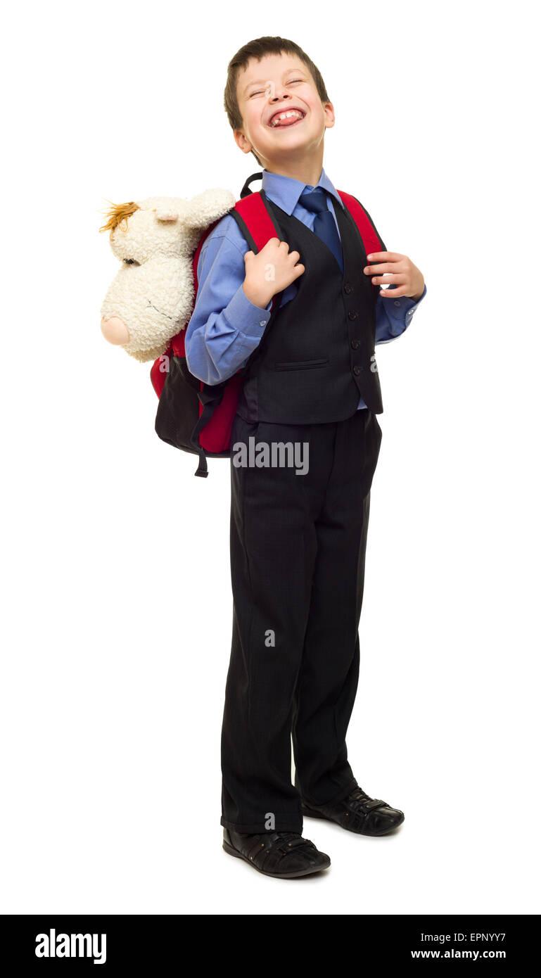boy in suit with red backpack on white Stock Photo - Alamy