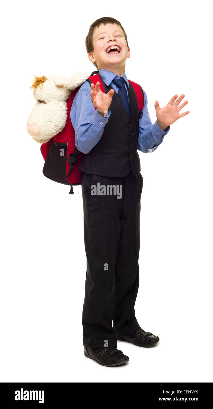 boy in suit with red backpack on white Stock Photo - Alamy