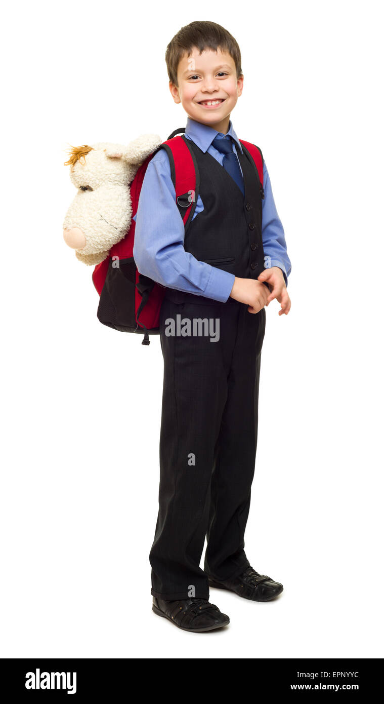 boy in suit with red backpack on white Stock Photo - Alamy