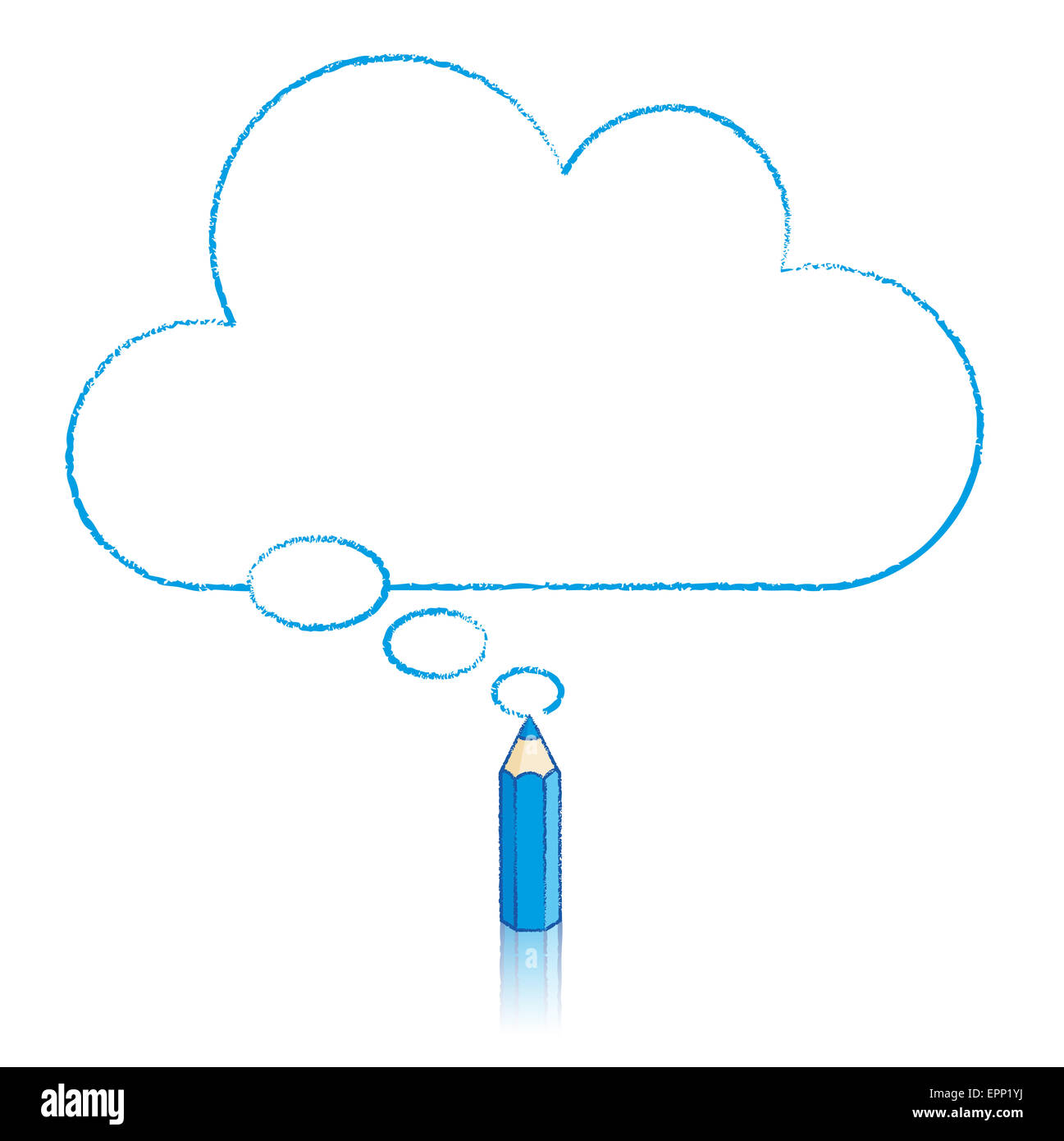 Blue Pencil with Reflection Drawing Flat Cloud Shaped Think Bubble on ...