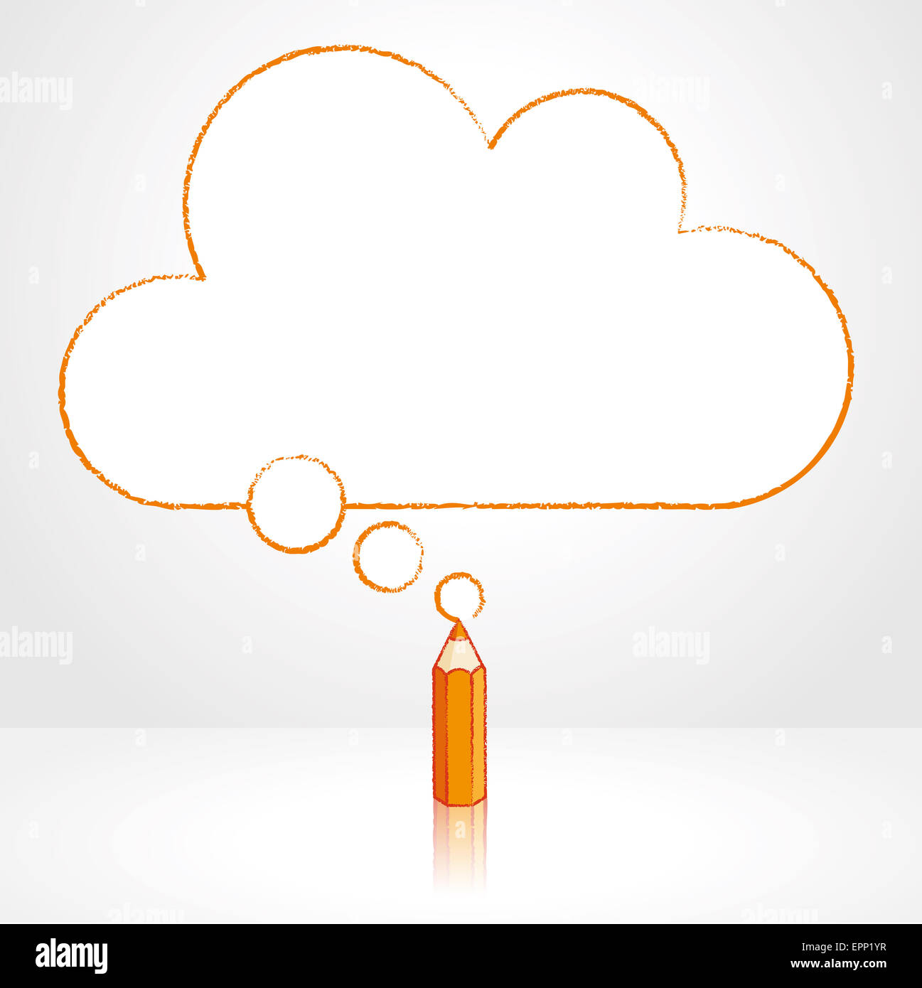 Orange Pencil with Reflection Drawing Flat Cloud Shaped Think Bubble on ...