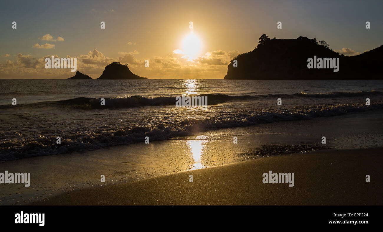 Pacific sunset over Hahei beach on the Coromandel peninsula of New ...