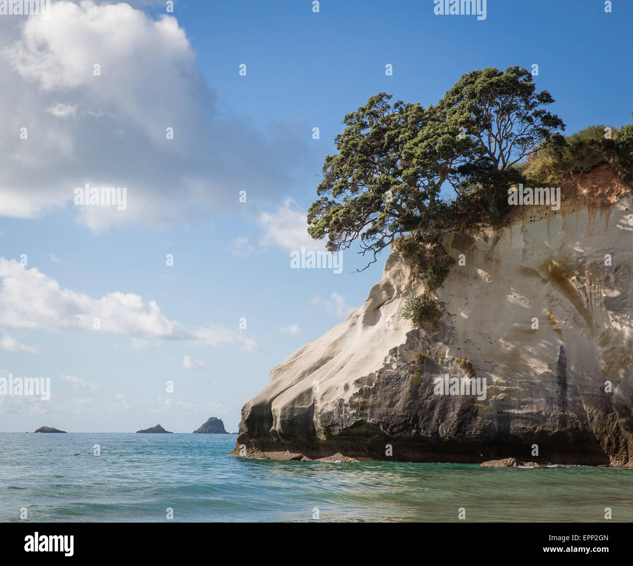 White limestone rock formations and fine sandy beach at Cathedral Cove ...